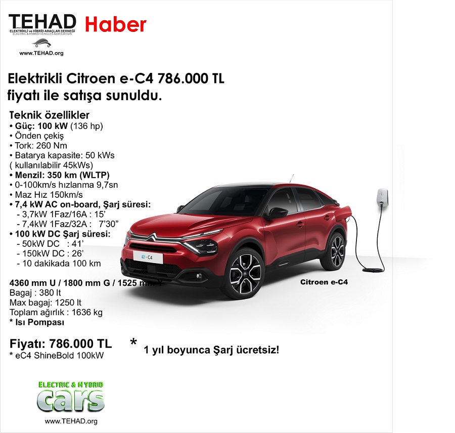 Elektrikli Citroen C4 fiyatı belli oldu! 786bin TL'den başlıyor. | TEHAD